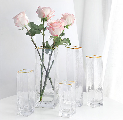 Gold Rimmed Tall Glass Square Vase Wholesale Transparent Clear Flower ...